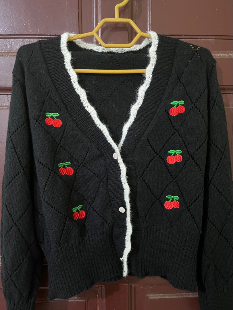 cherry knit cardigan, Women's Fashion, Coats, Jackets and Outerwear on Carousell