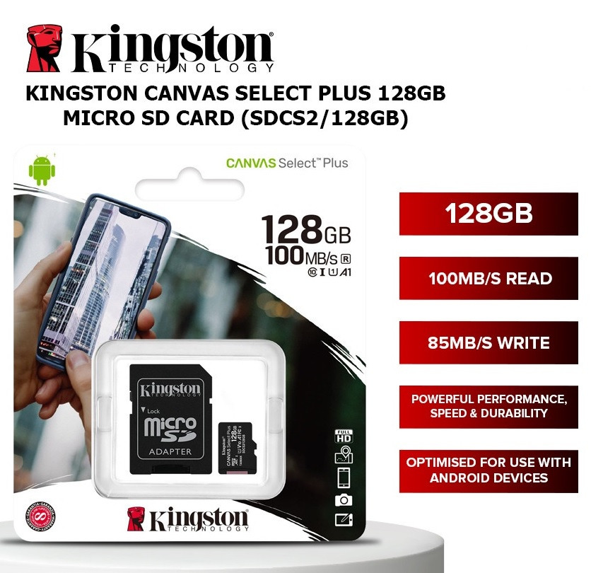 New Kingston Canvas Select Plus 128GB Up to 100MB/s Micro SD Card with Adapter A1 Class 10 UHS-I ...