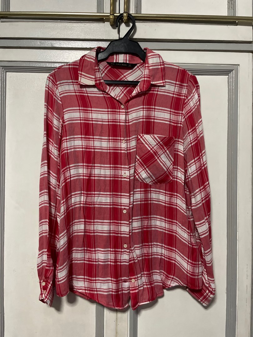Zara Longsleeve red Checkered Top, Women's Fashion, Tops, Longsleeves ...