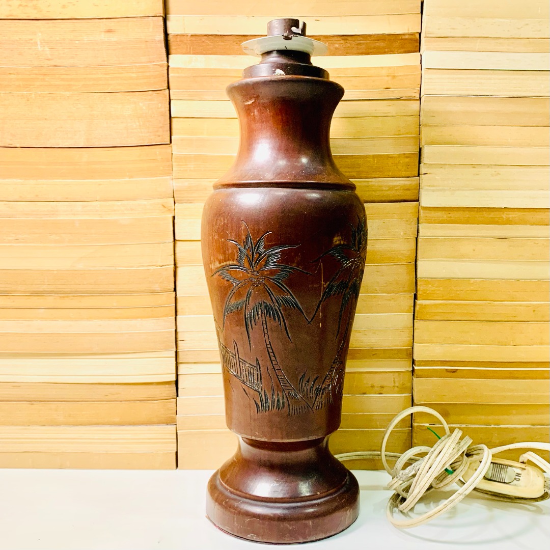 ⭐️ Antique 1950s Redwood Lamp Carved Kampung Village / Coconut Tree ...