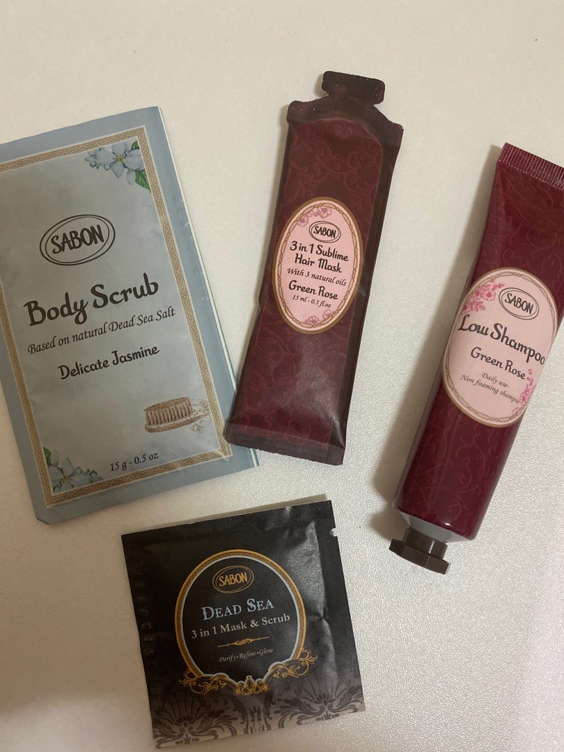 SABON 綠玫瑰洗髮乳30ml/茉莉花語身體磨砂膏15g/綠玫瑰三合一修護髮膜15ml/光采煥顏三效死海泥面膜4ml, 香水、美妝、保養, 身體清潔保養, 沐浴清潔相關在旋轉拍賣