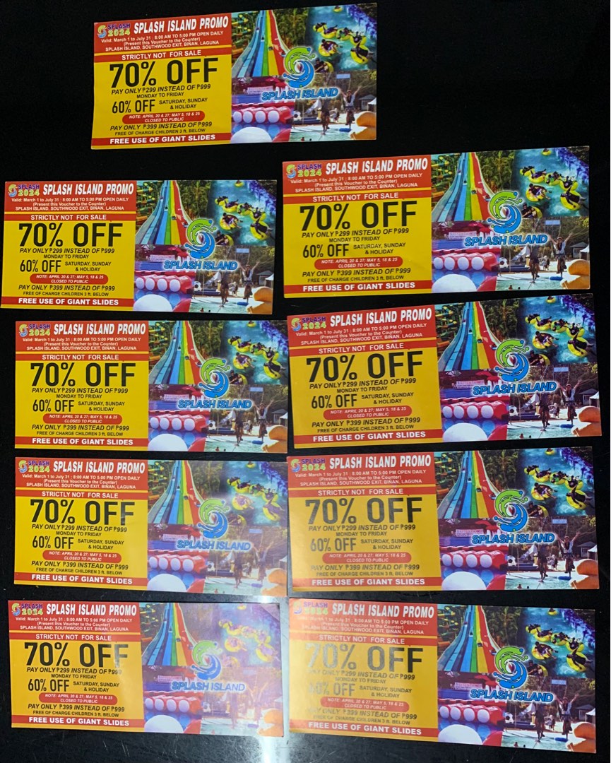 Splash island 70% off, Tickets & Vouchers, Vouchers on Carousell