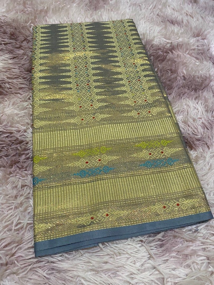 2 meter Thai Silk Songket Material Grey Blue Gold with Red and Yellow ...