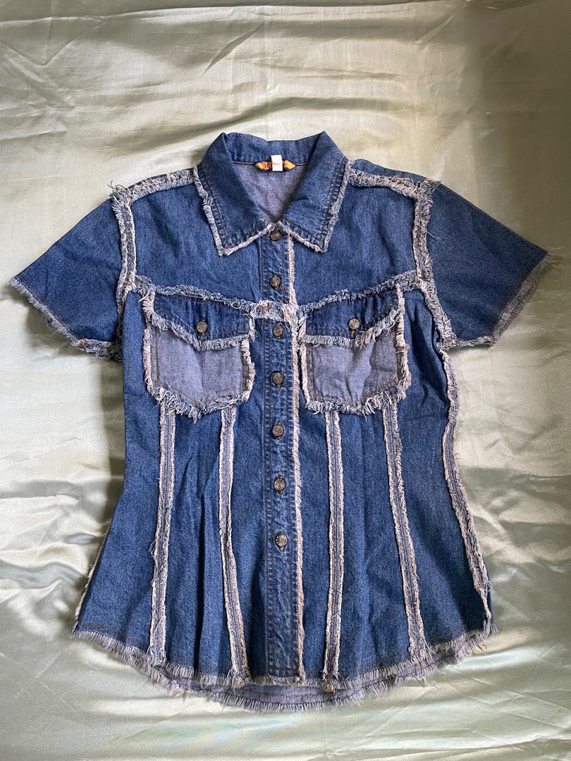 distressed two-tone patchwork denim button up shirt | coastal cowboy ...