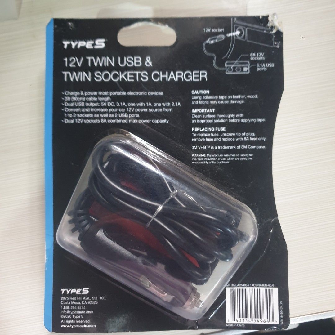 TypeS Twin socket charger, Car Parts & Accessories, Other Automotive ...