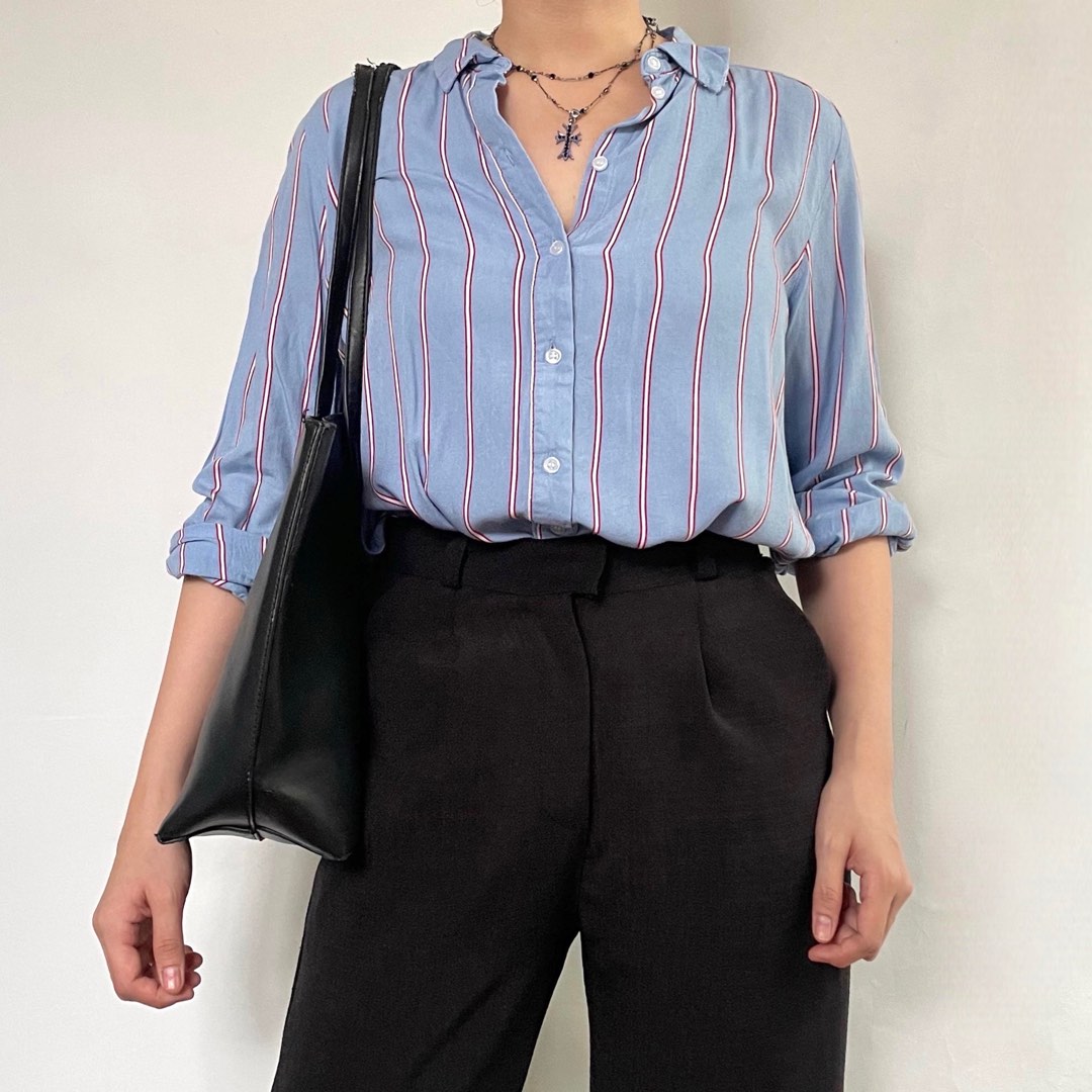 LG14. HM Light Blue Red Striped Button Up Long Sleeve Shirt | office ...