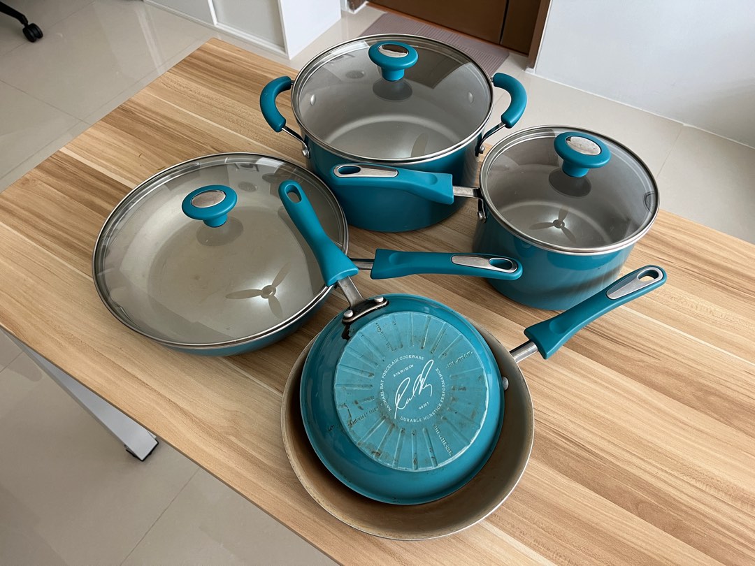 Rachael Ray Porcelain Cookware Set (Agave Blue), Furniture & Home Living, Kitchenware ...