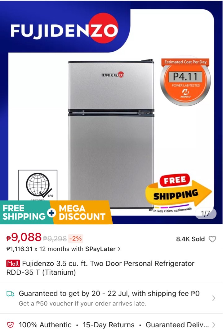 Fujidenzo 3.5 cu. ft. Two Door Personal Refrigerator RDD-35 T (Titanium ...