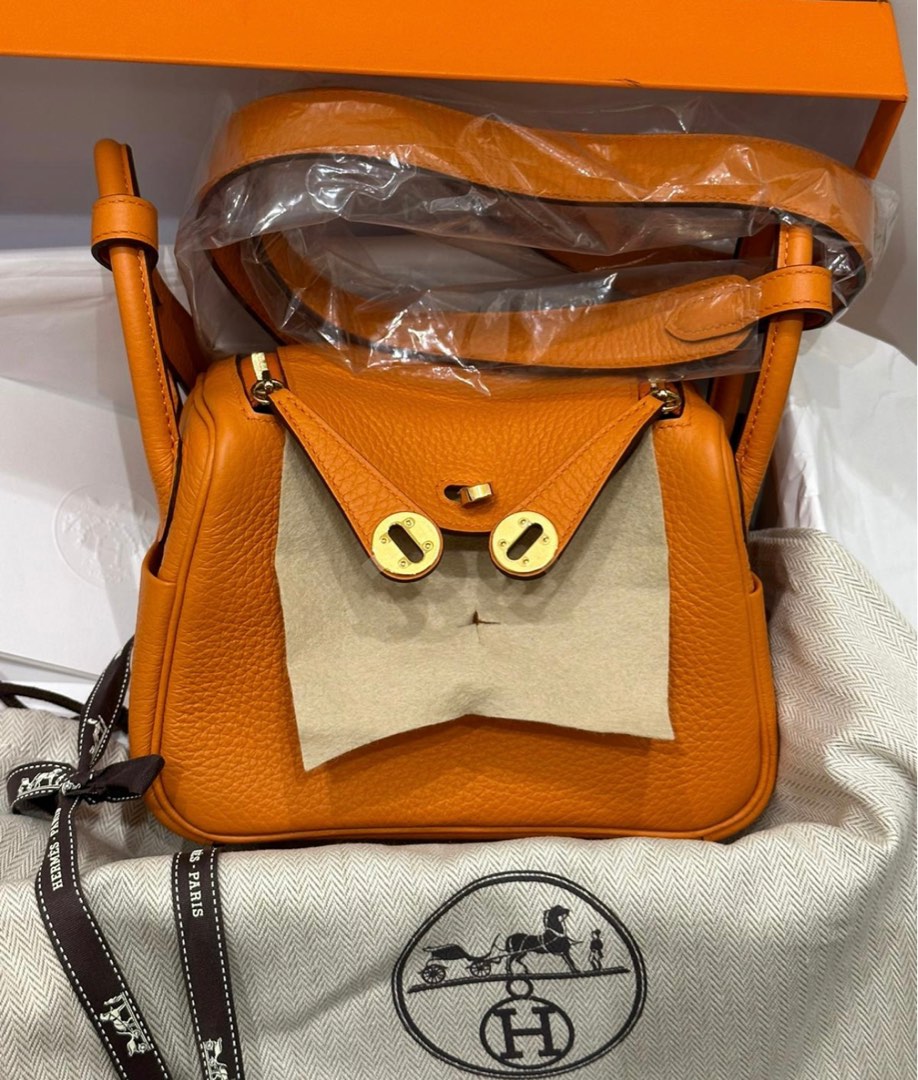 HERMES LINDY MINI 20 CLEMENCE CROSSBODY ORANGE, Barang Mewah, Tas ...