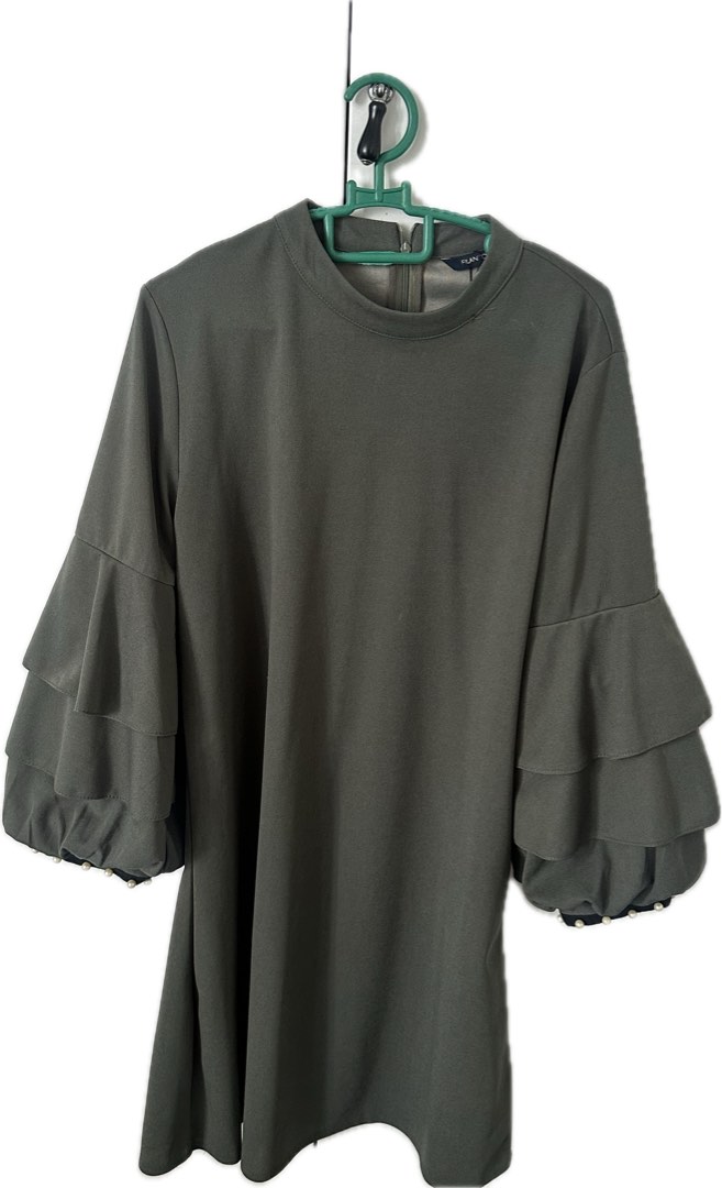 Olive Green Ruffle Sleeve Midi Dress / Tunic Top, Women's Fashion ...