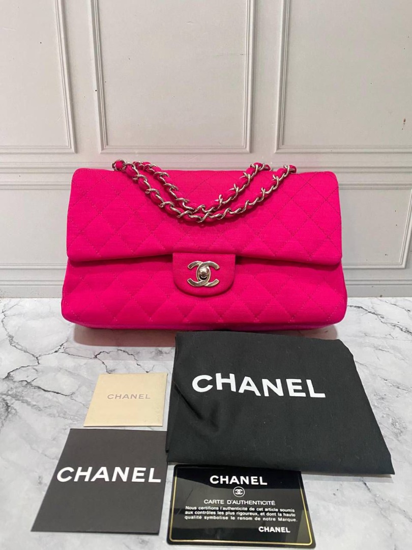 Pretty Chanel medium classic pink fuchia jersey df shw #13 with holo ...