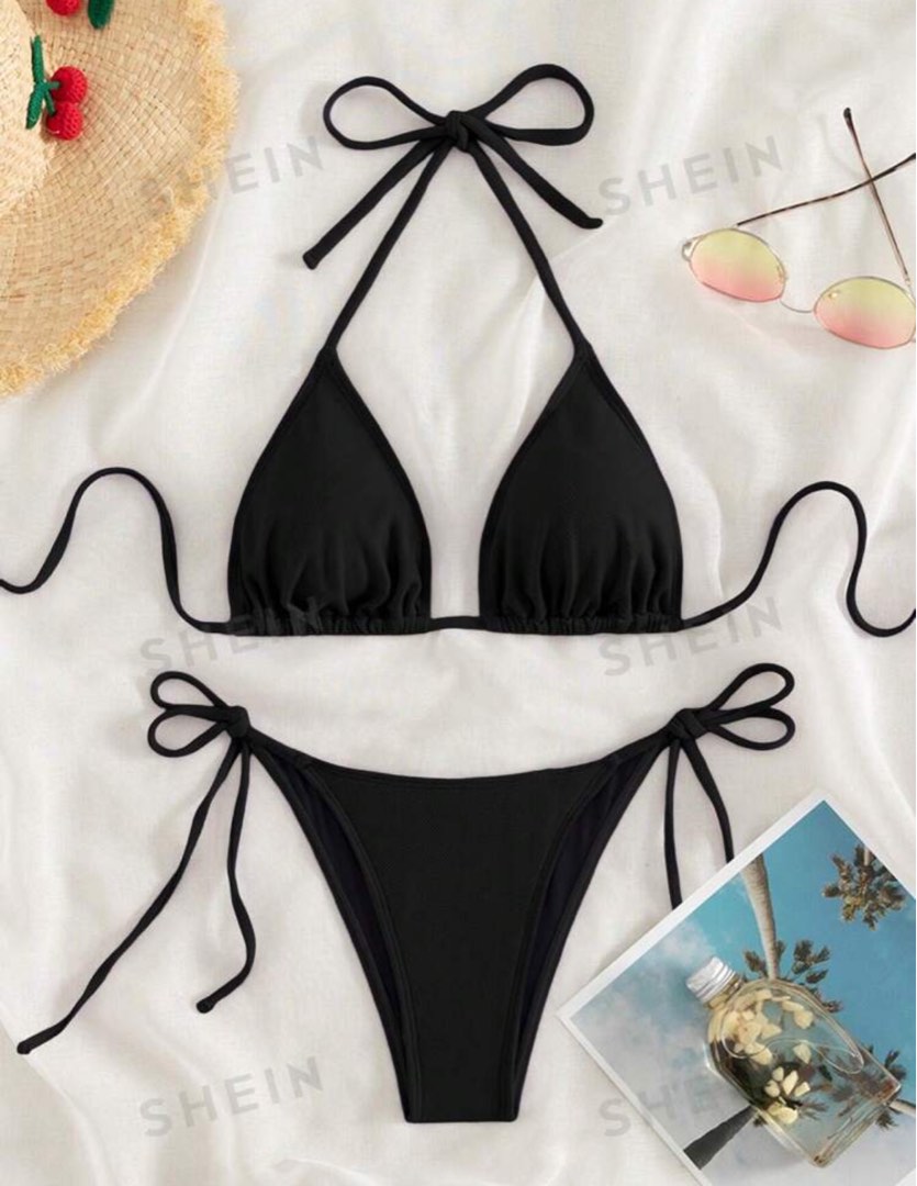 SHEIN Basic Black Tie Bikini, Women's Fashion, Swimwear, Bikinis ...