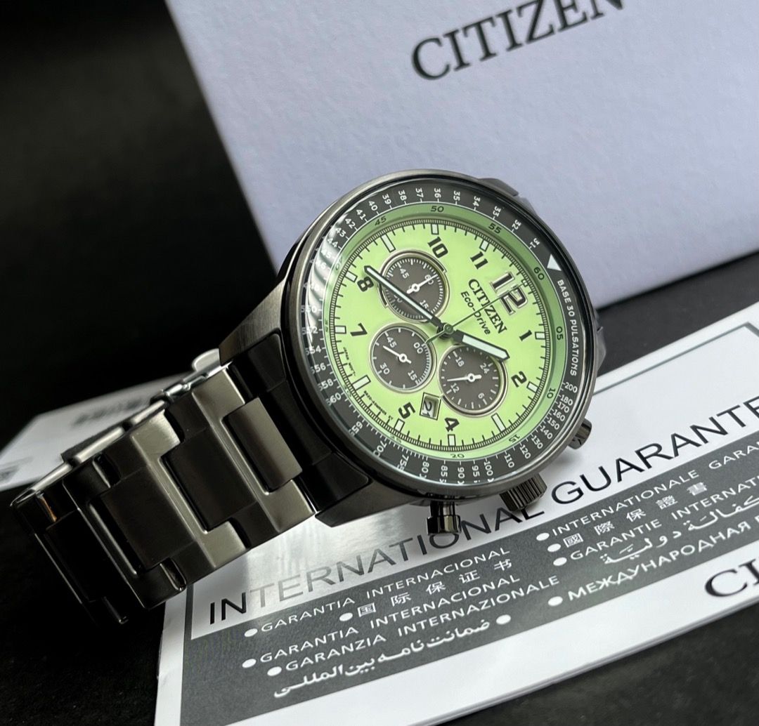 BNEW AUTHENTIC! Citizen Eco-Drive Watch CA4507-84X Chronograph Full Lum Green Dial Black Steel ...