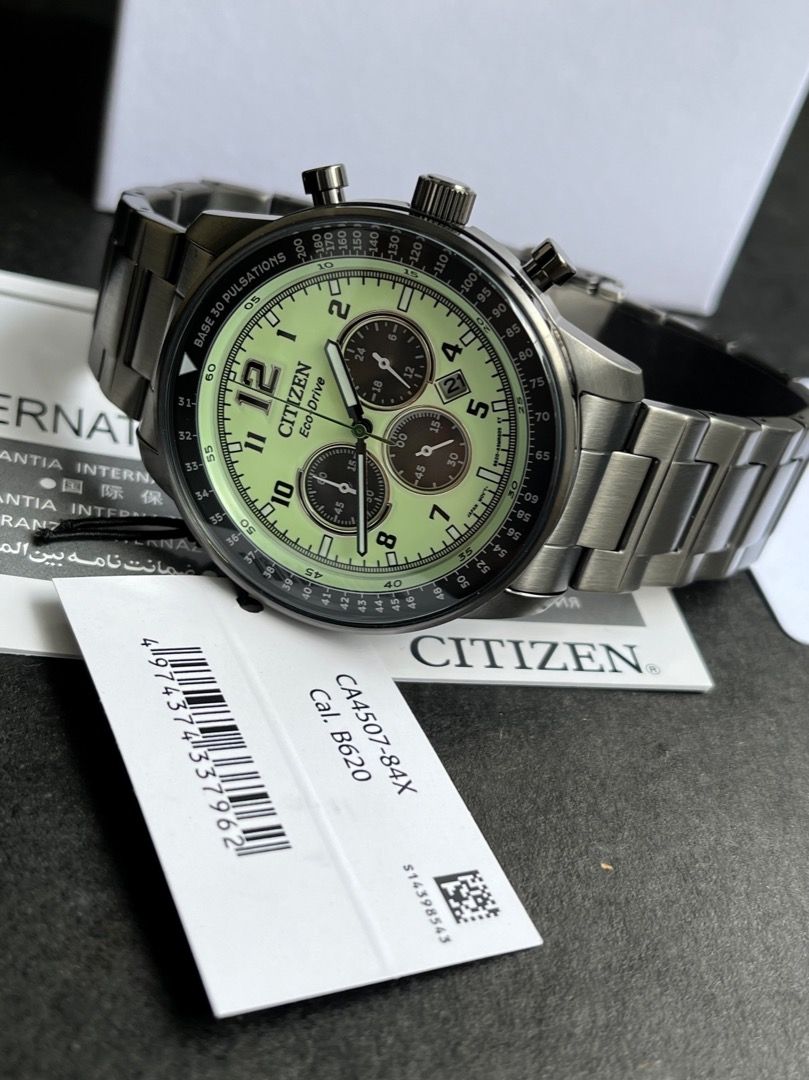 BNEW AUTHENTIC! Citizen Eco-Drive Watch CA4507-84X Chronograph Full Lum Green Dial Black Steel ...