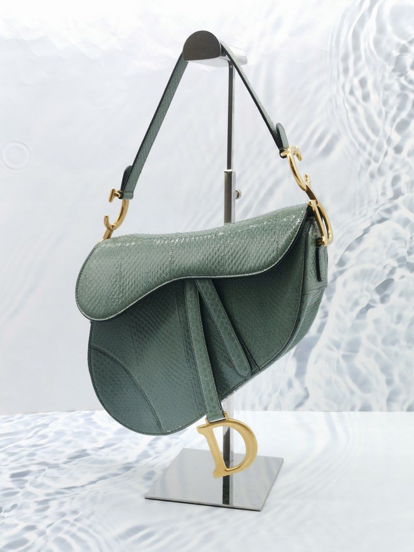 (LIKE NEW) 2020 CHRISTIAN DIOR MEDIUM SADDLE OLIVE GREEN PYTHON LEATHER SHOULDER BAG GHW, Luxury ...