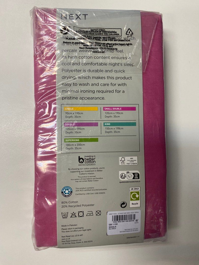 全新 英國品牌NEXT 淨色 (亮粉紅) 單人床單 NEXT single bed sheet Bright Pink Fit, 傢俬＆家居 ...