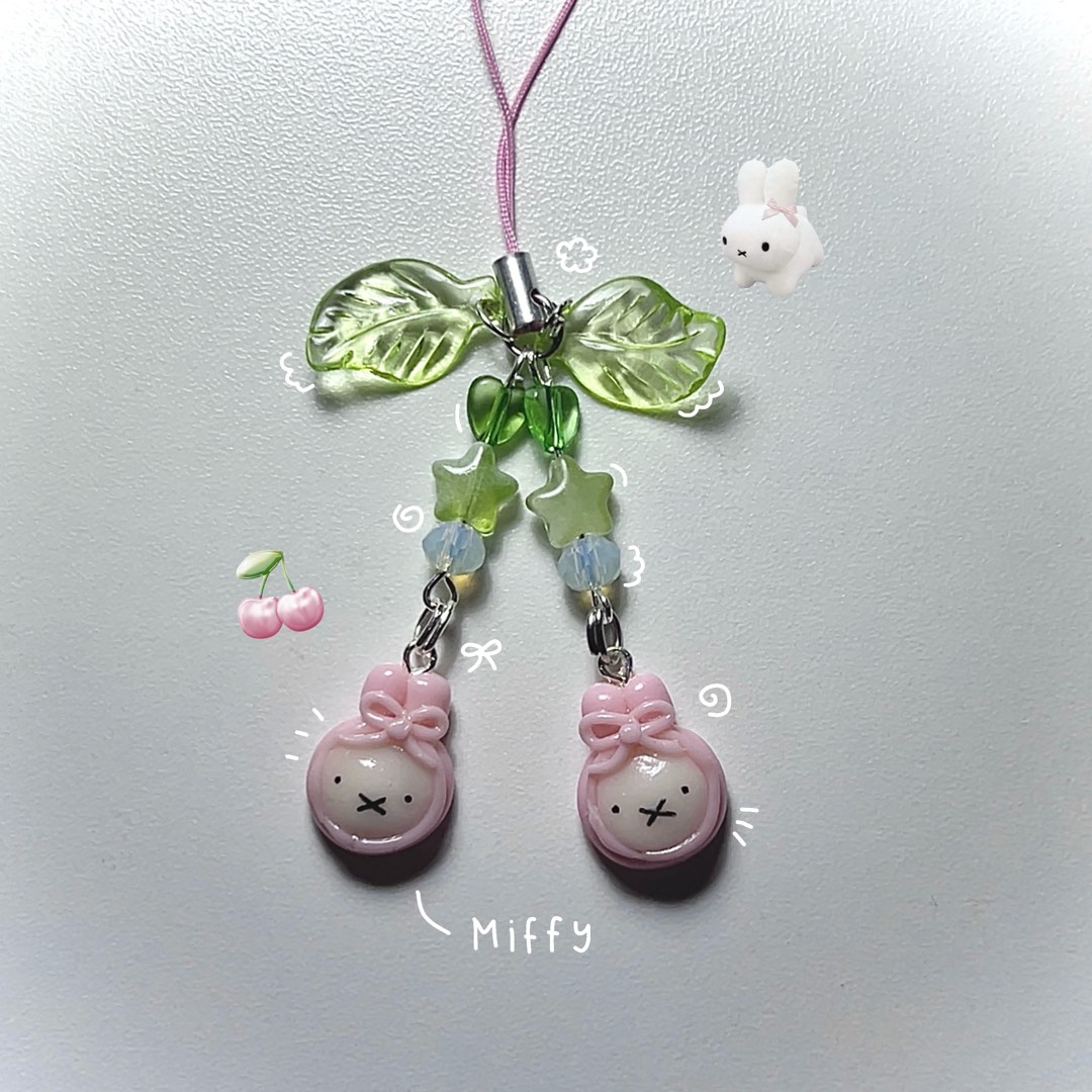 Pink Miffy Cherry Themed Wire Beaded Phone Charm Keychain, Women's ...