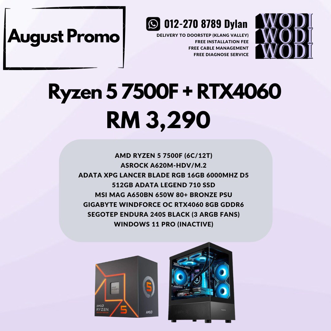 Ryzen 5 7500F RTX4060 Black Custom Gaming PC August Ready Stock Promo ...
