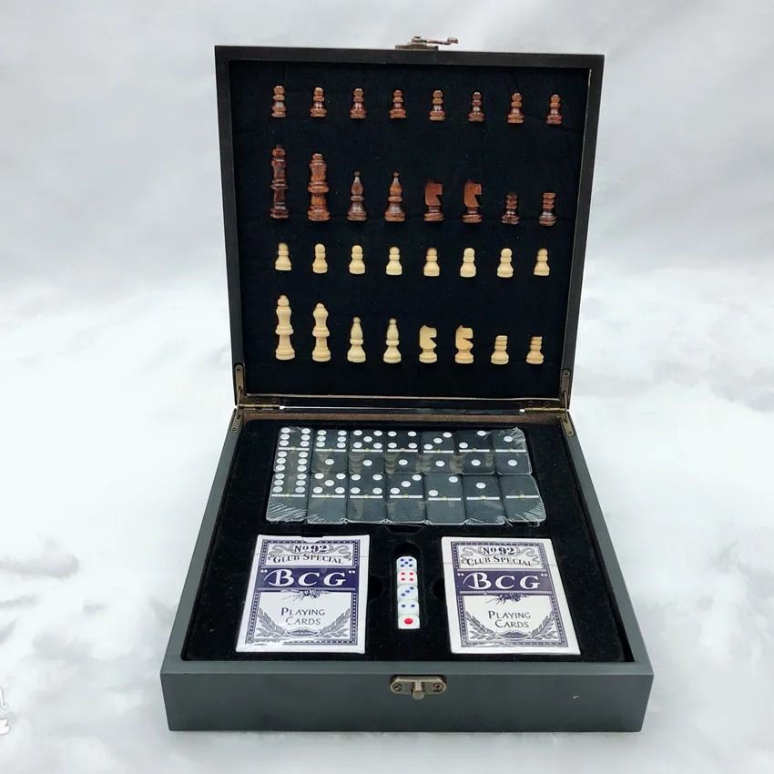 Wooden Chess Dice Domino 4-in-1 Set Board Game Chess Board Giochi Chess ...