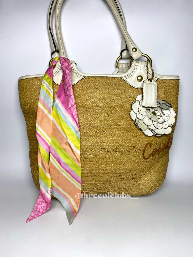 Coach Bleeker Natural Straw Woven and Leather Tote Bag with Twilly ...
