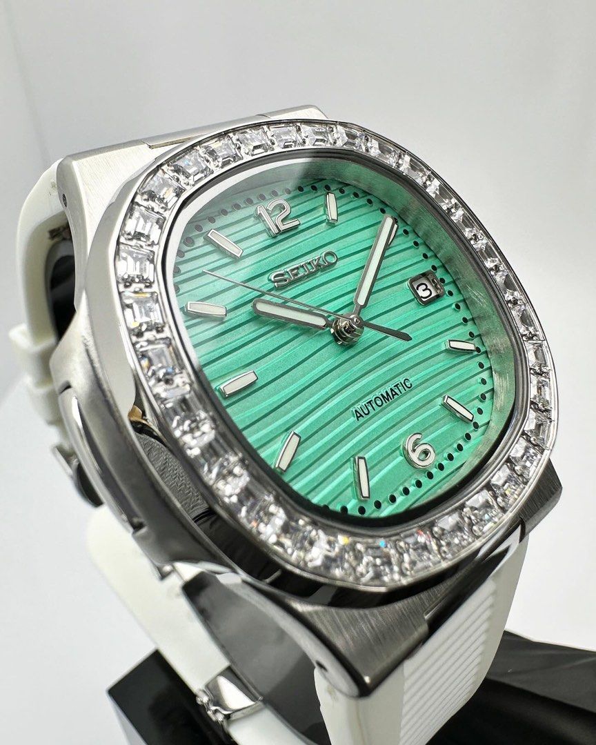 Custom Seiko Mod 40mm Turquoise Green Diamond Nautilus on White Rubber ...