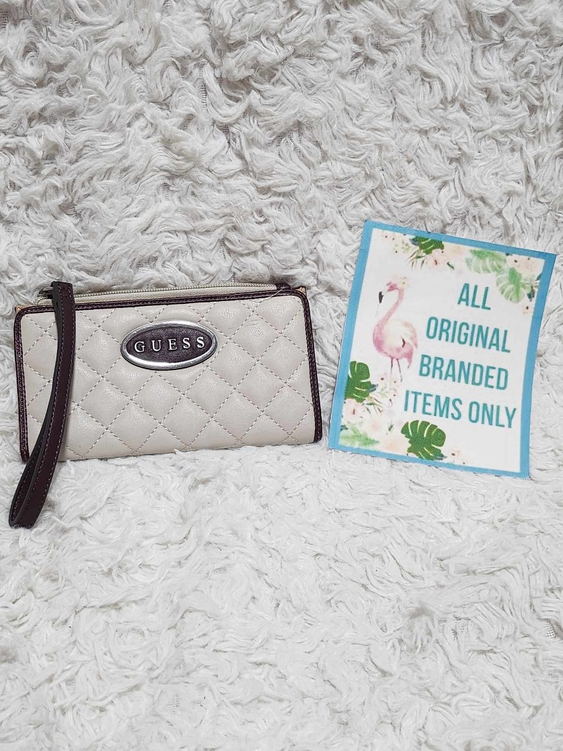 2025_GUESS double fold card wallet cream/maroon, Women's Fashion, Bags ...