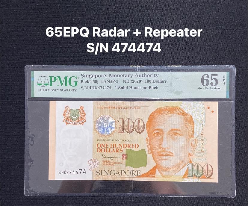 65 EPQ Radar + Repeater S/N 474474 Singapore Portrait $100 PMG UNC ...