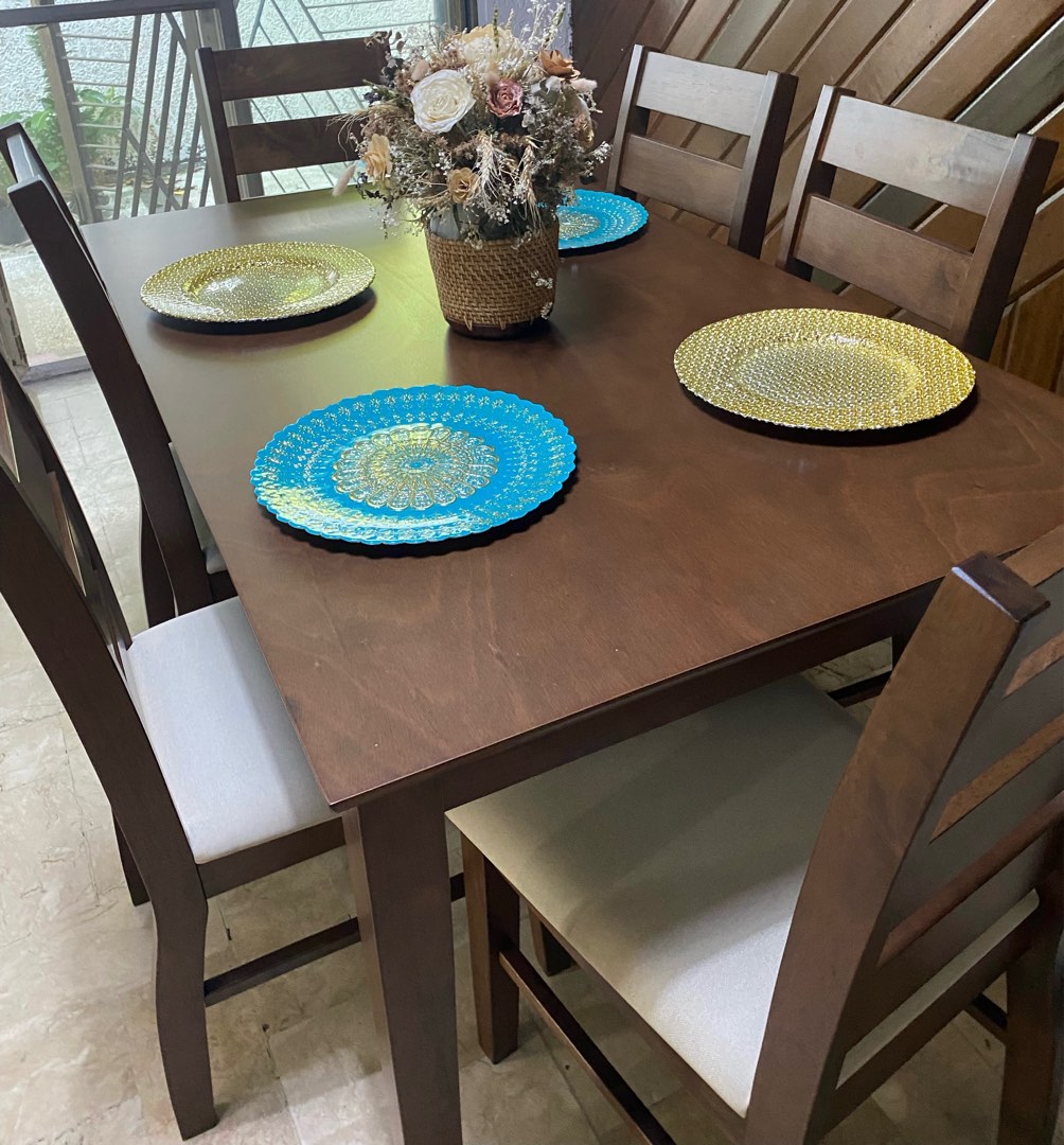 6 Seater Dining Table and Chair Set (Free Custom Tempered Glass Topper ...