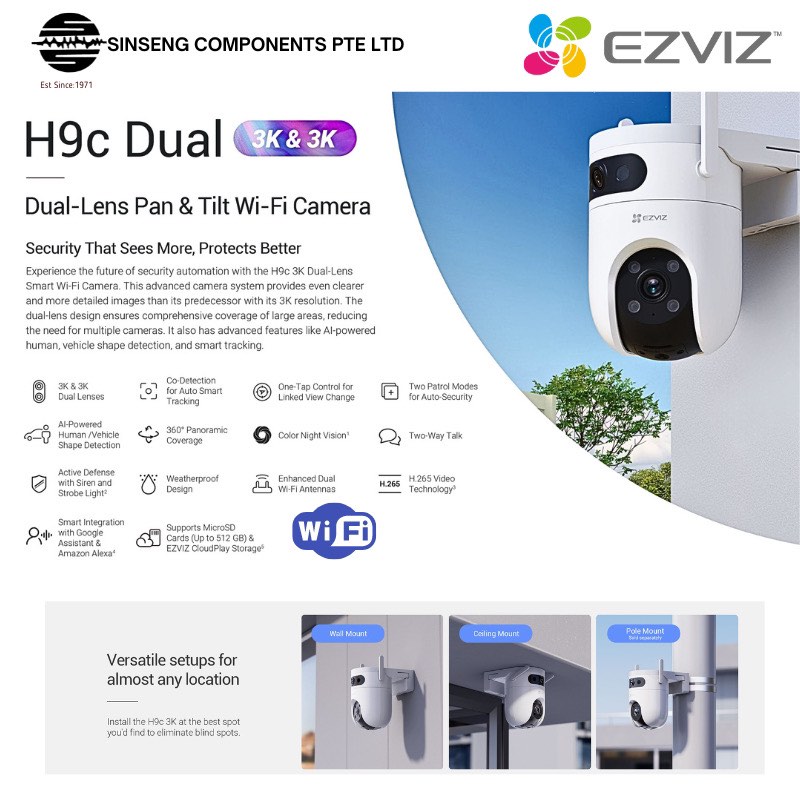 Ezviz H9C Dual-Lens 2K 3MP Weatherproof Pan & Tilt WiFi PTZ Camera CCTV ...