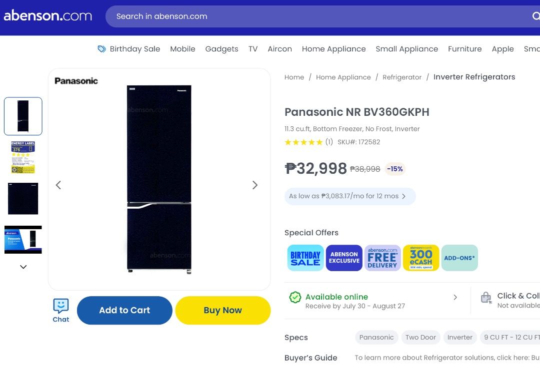 Panasonic 2 Door Bottom Freezer Refrigerator 11.3ft3 (Black - Model No ...