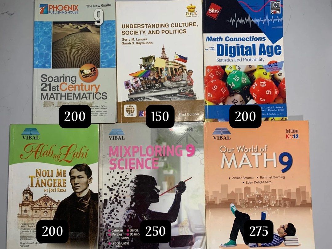 GRADE 9 Books (English, Filipino, Math, Statistics, Science, Noli Me ...
