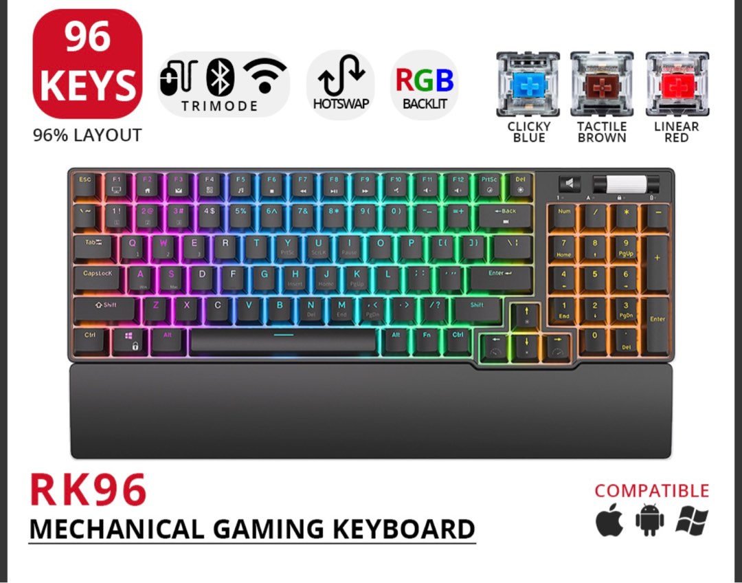 RK Royal Kludge 96 Keys RGB Wireless Mechanical Keyboard 3-Mode ...