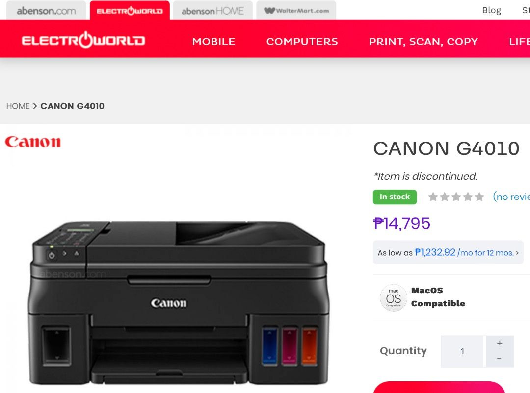 Wireless Printer, Scanner, Copier, Fax (Canon Pixma G4010) Refillable ...