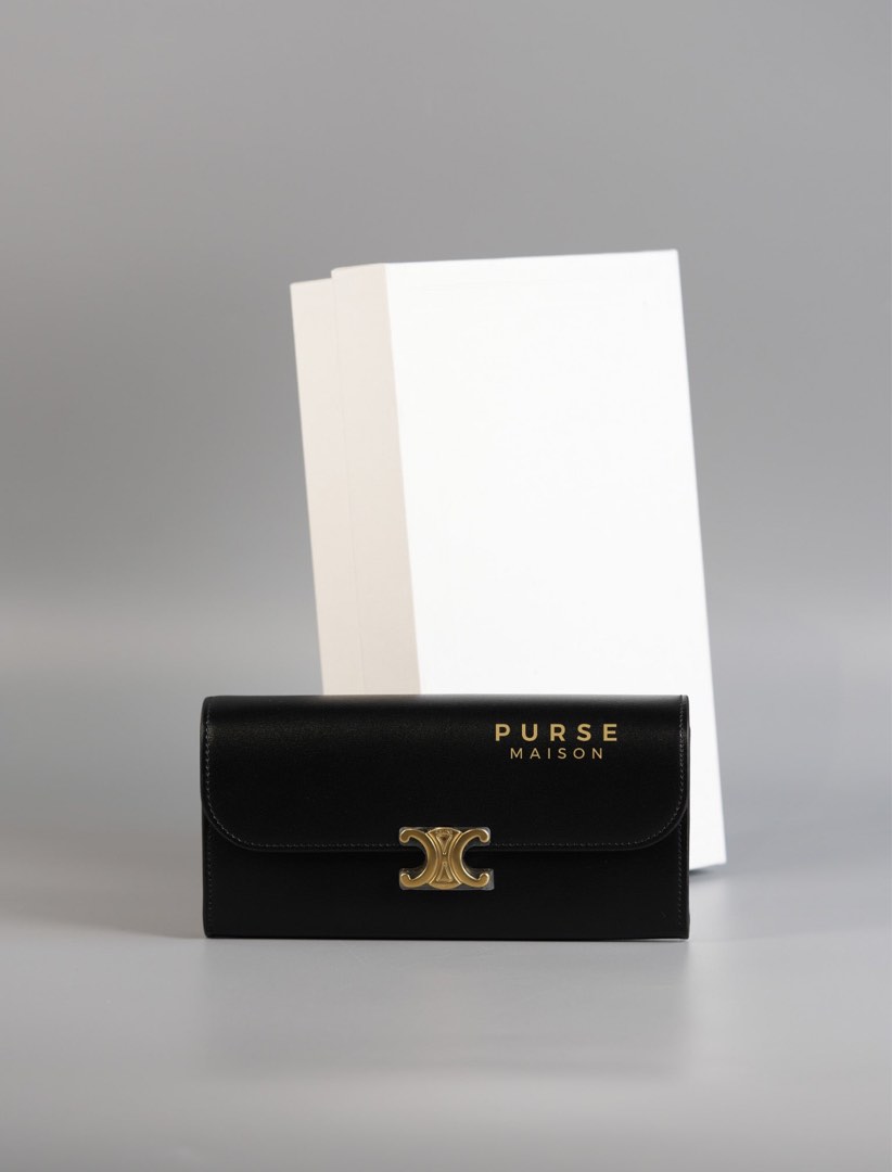 Celine Triomphe Long Flap Wallet in Black Shiny Calfskin, Luxury, Bags & Wallets on Carousell