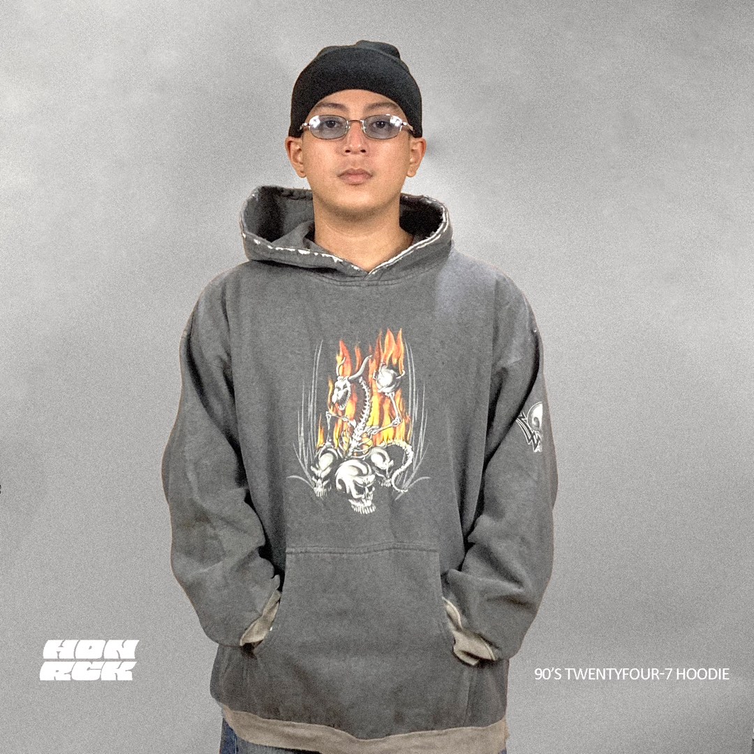 Vintage Twenty-Four 7 tattered flamed skull hoodie jacket, Men's ...