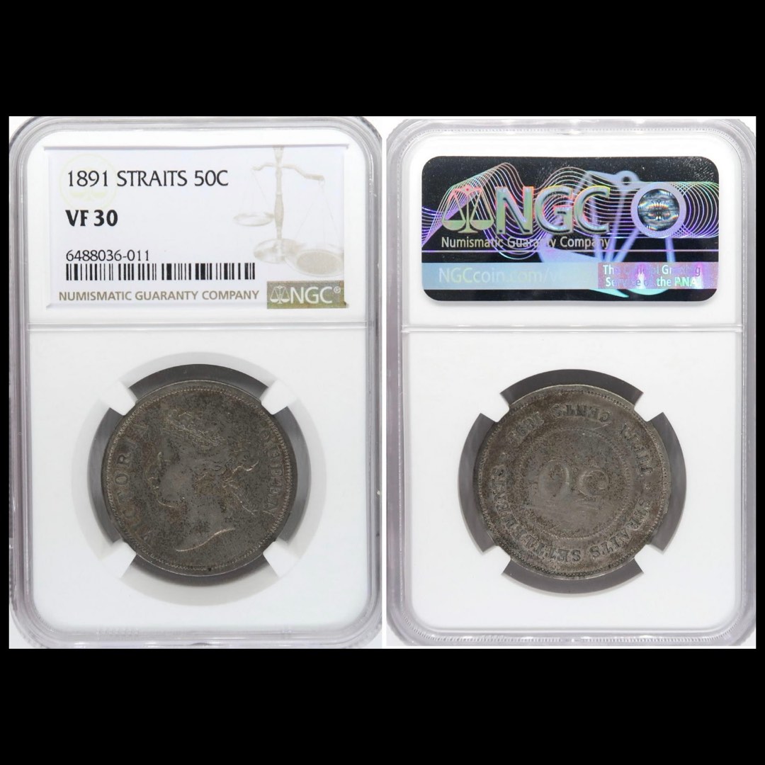 1891 Straits Settlements Queen Victoria 50 Cents Silver Coin, Old Toned NGC VF30, Hobbies & Toys ...
