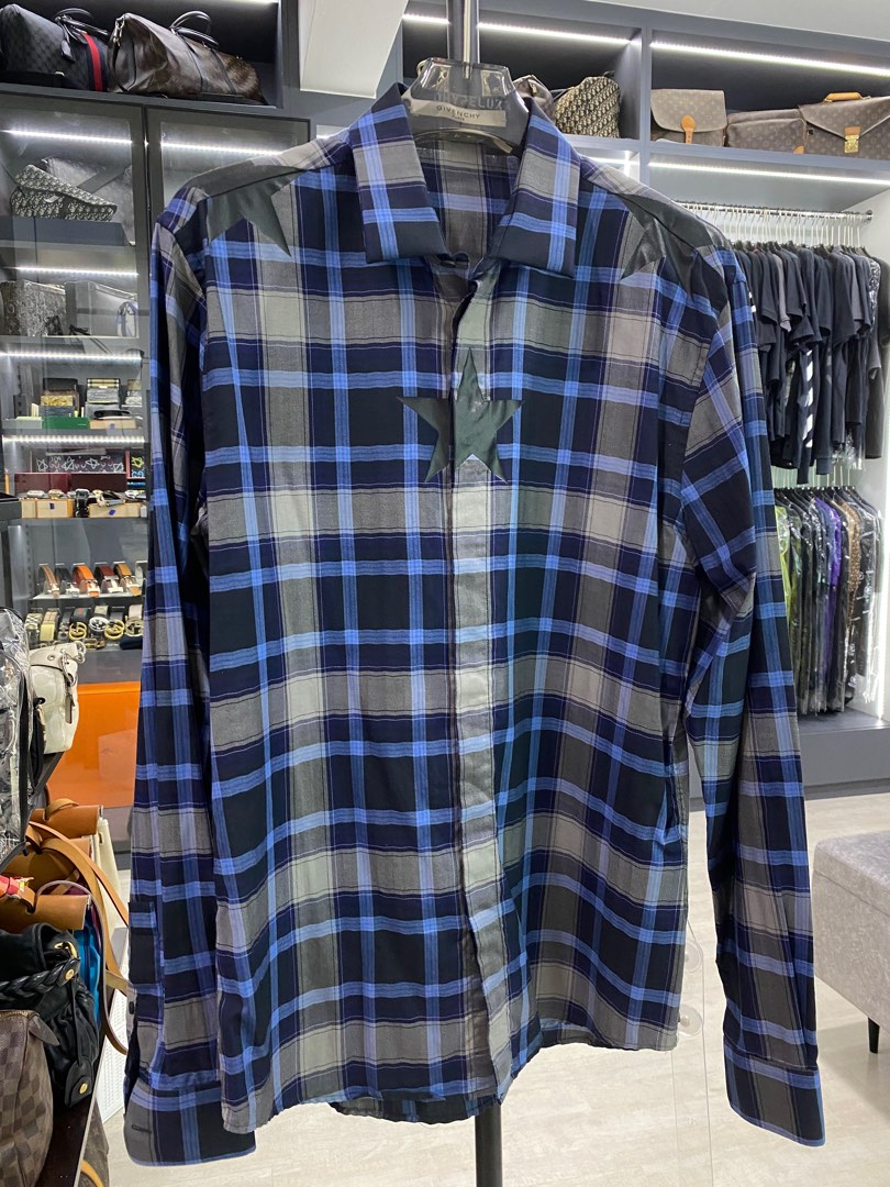Authentic Givenchy Flannel Shirt Blue L fit Pit 22 inch, Men's Fashion ...