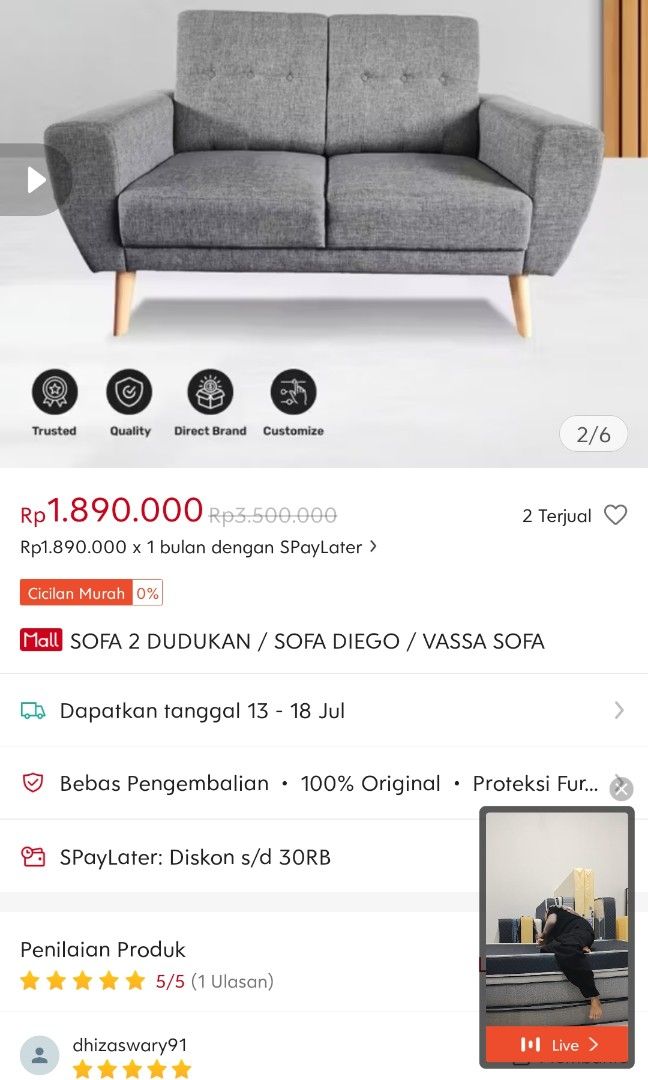 Sofa 2 seater aesthetic (merek vassa sofa), Perabotan Rumah di Carousell