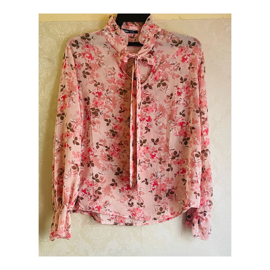 Blouse with ribbon, Women's Fashion, Tops, Blouses on Carousell