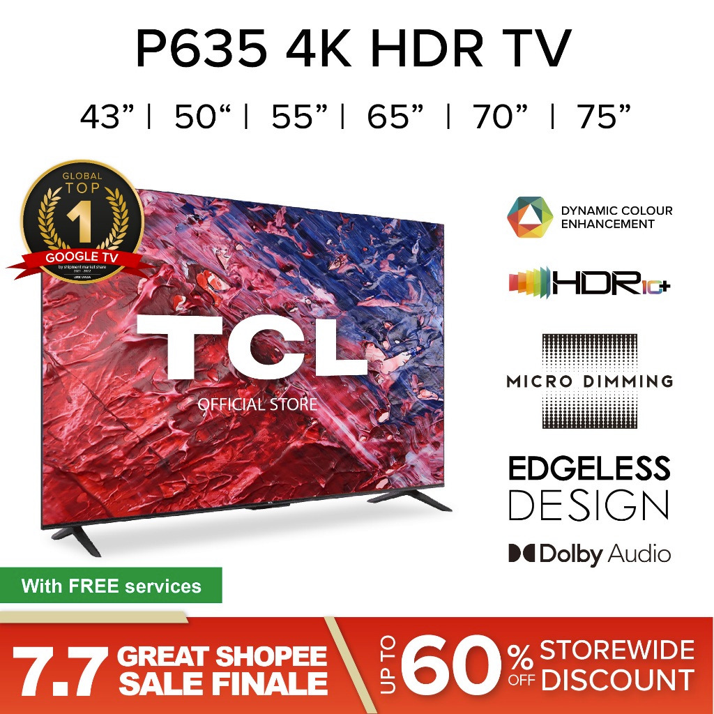 TCL P635 Google TV | 43/ 50/ 55/ 65/ 70/ 75 inch | 4K Smart TV | HDR 10 ...