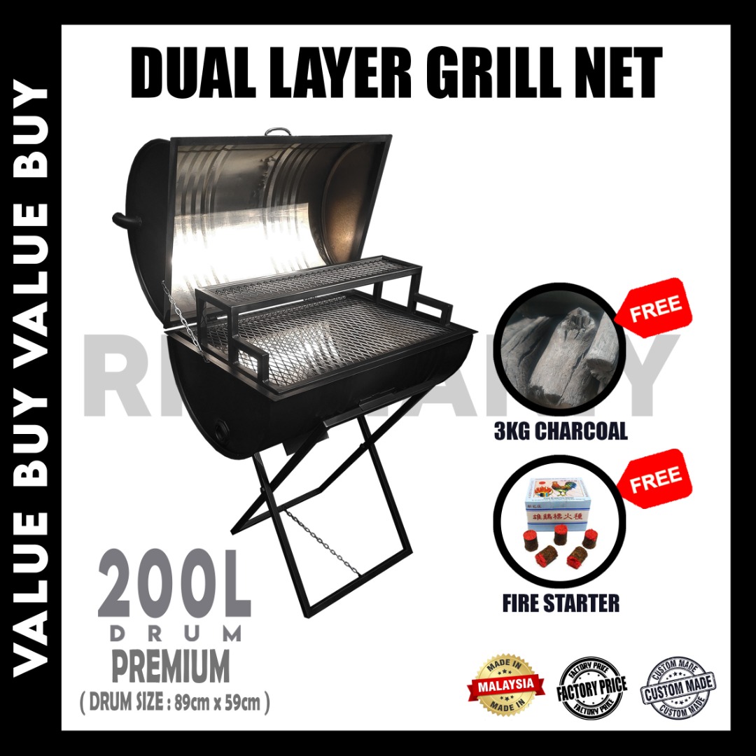 BBQ Grill Outdoor Drum Set Tong Drum 200L BBQ Set Complete With Double ...