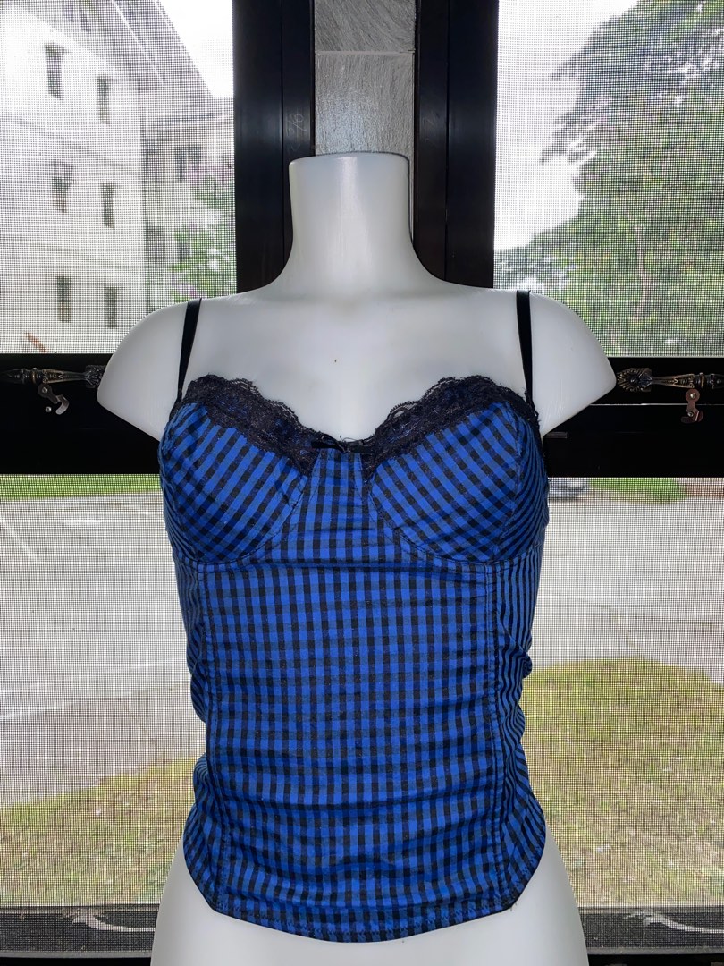 Checkered Bustier with Lace [ Cottagecore Picnic Outfit Blue and Black Lingerie Corset without ...