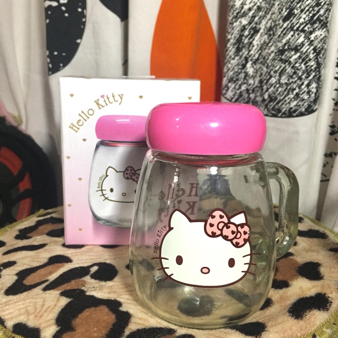 Hello Kitty Glass Mason Jar with strainer 350ml, Furniture & Home ...