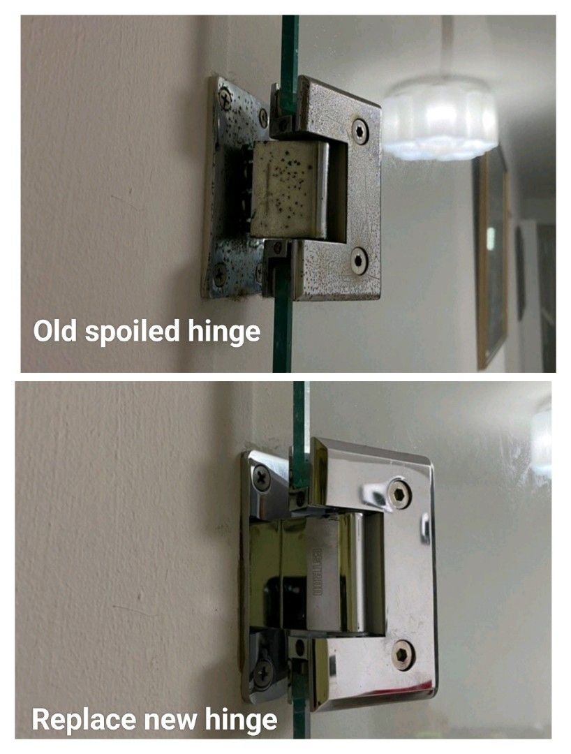 Glass Door replace hinges, roller, rubber seal, floor spring, silicone ...