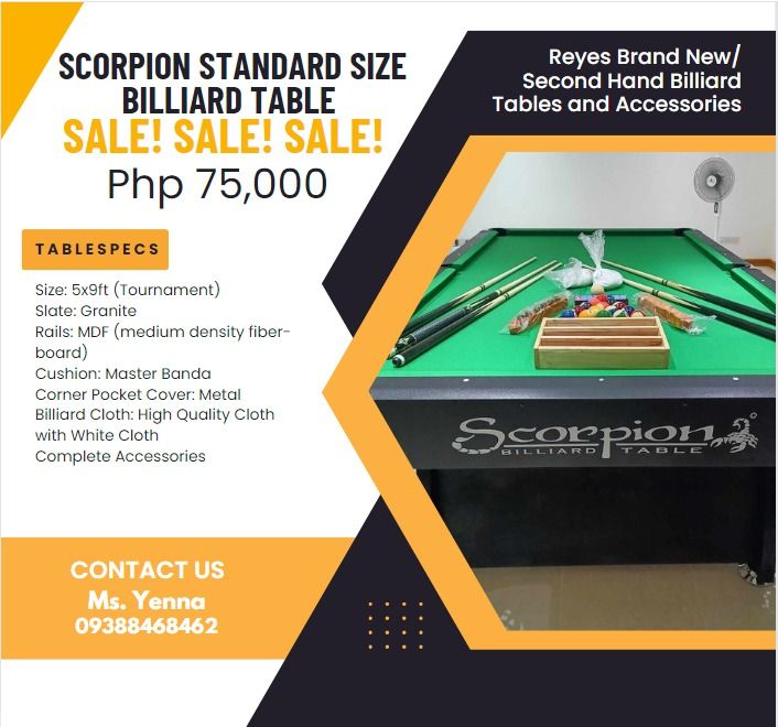 SCORPION STANDARD SIZE BILLIARD TABLE, Sports Equipment, Sports & Games ...