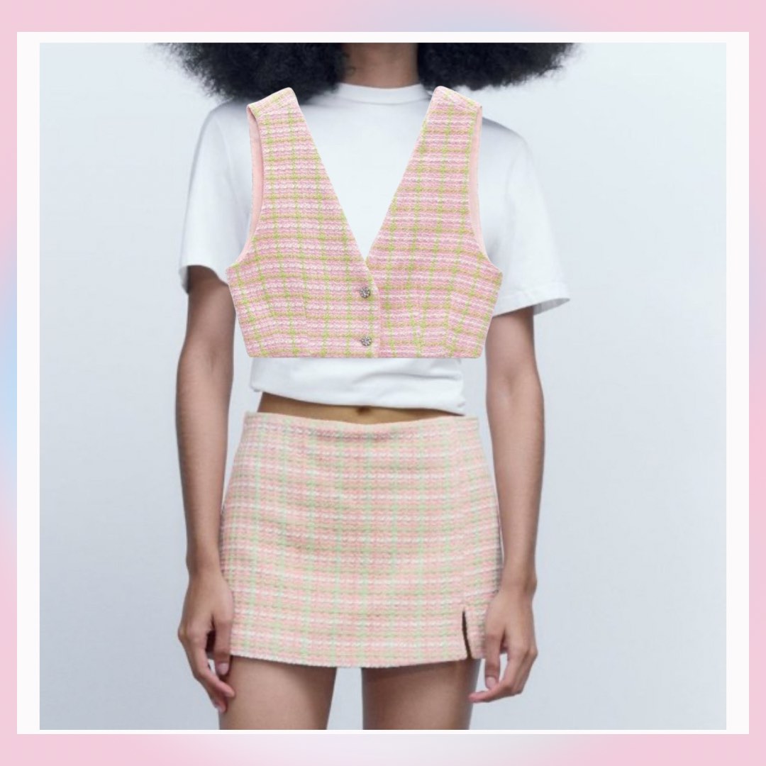 ZARA Pink Tweed Vest Skort Coordinates Set, Women's Fashion, Dresses ...
