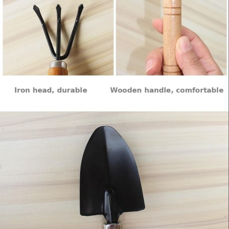 3 Pcs Thick handle gardening tools: iron Wooden Shovel Rake Spade ...