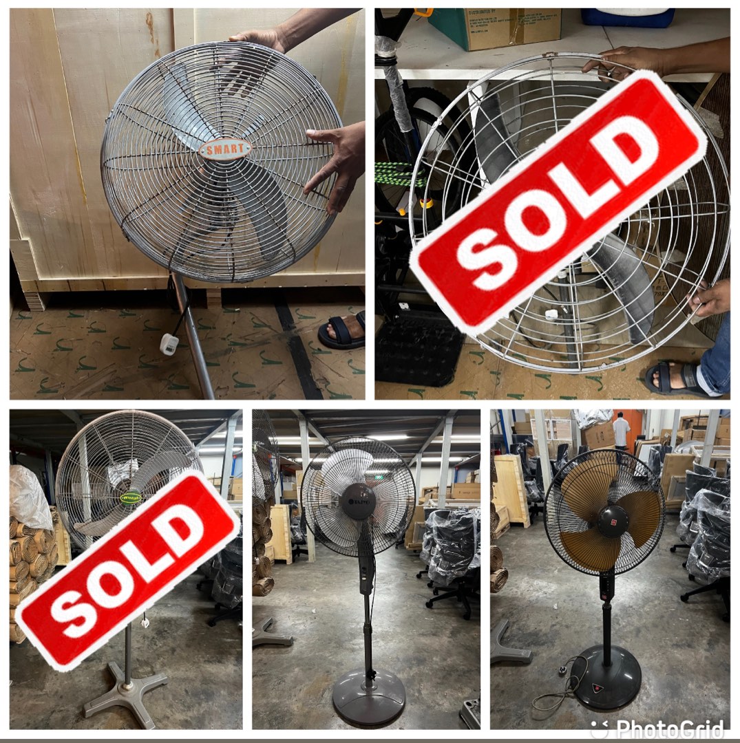 Assorted fans (wall fan, industrial fan, standing fan), Furniture ...