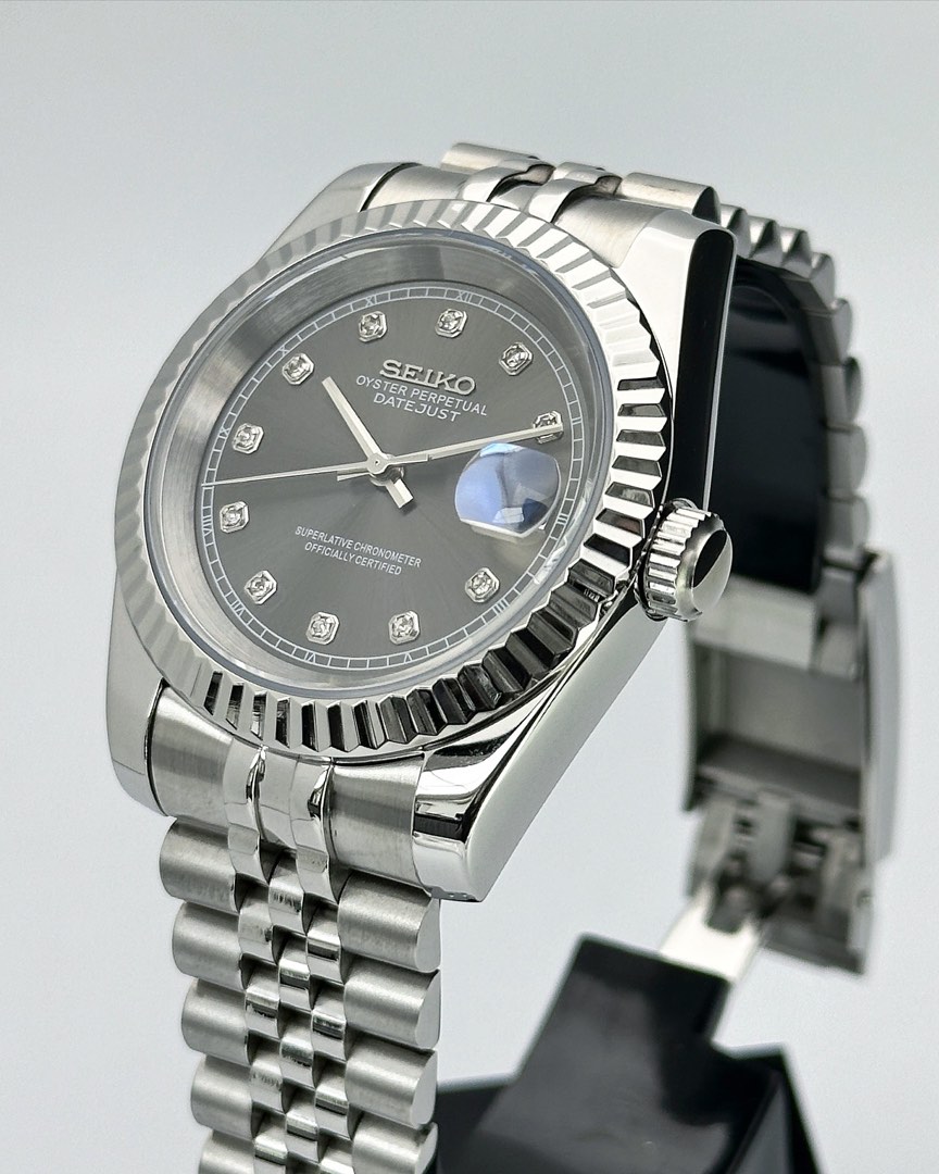 Custom Seiko Mod 39mm Diamond Rhodium Grey DateJust Automatic Watch ...