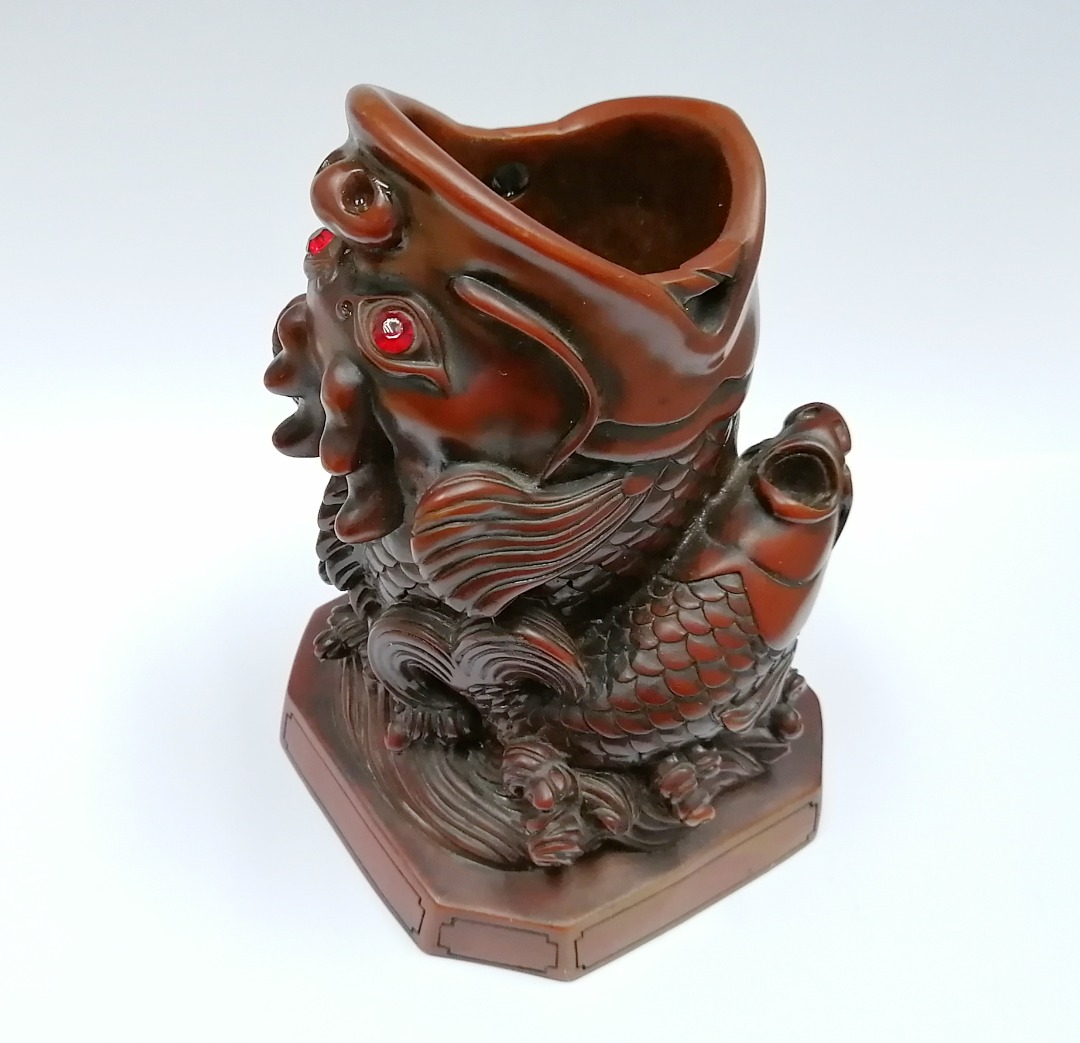 ☯️ Exquisite Dragon Fish 龍魚 Red Cinnabar Resin 5" Vintage Chinese ...